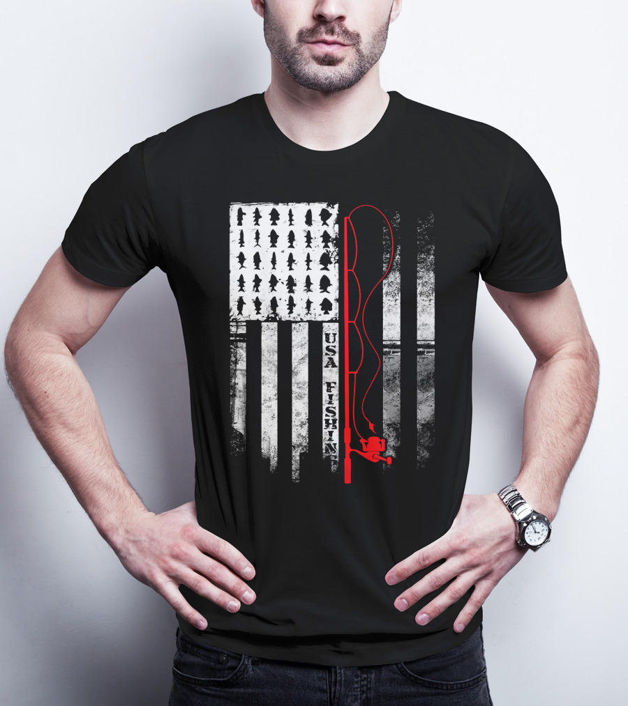 USA Fishing Flag Red Fishing Rod T-Shirt