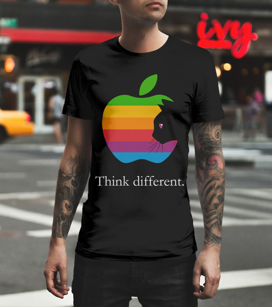 Think Different Apple Logo Rainbow Cat Face T-Shirt