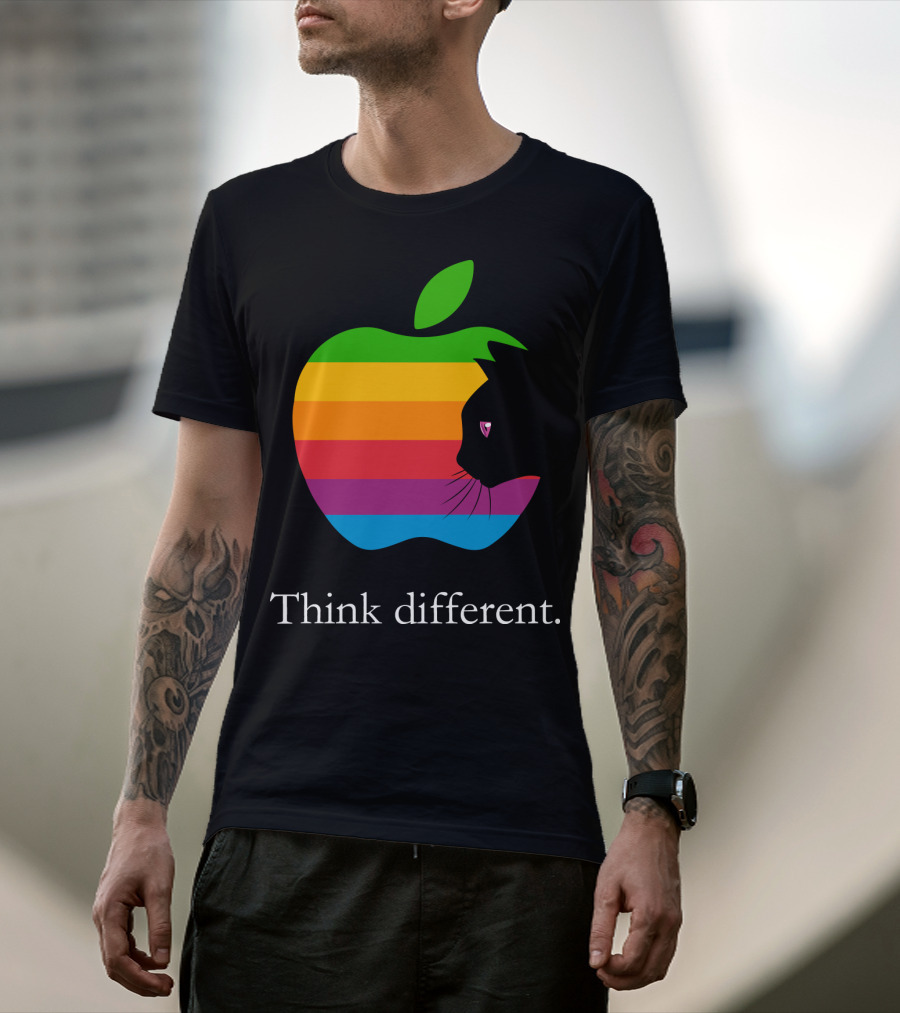 Think Different Apple Logo Rainbow Cat Face T-Shirt