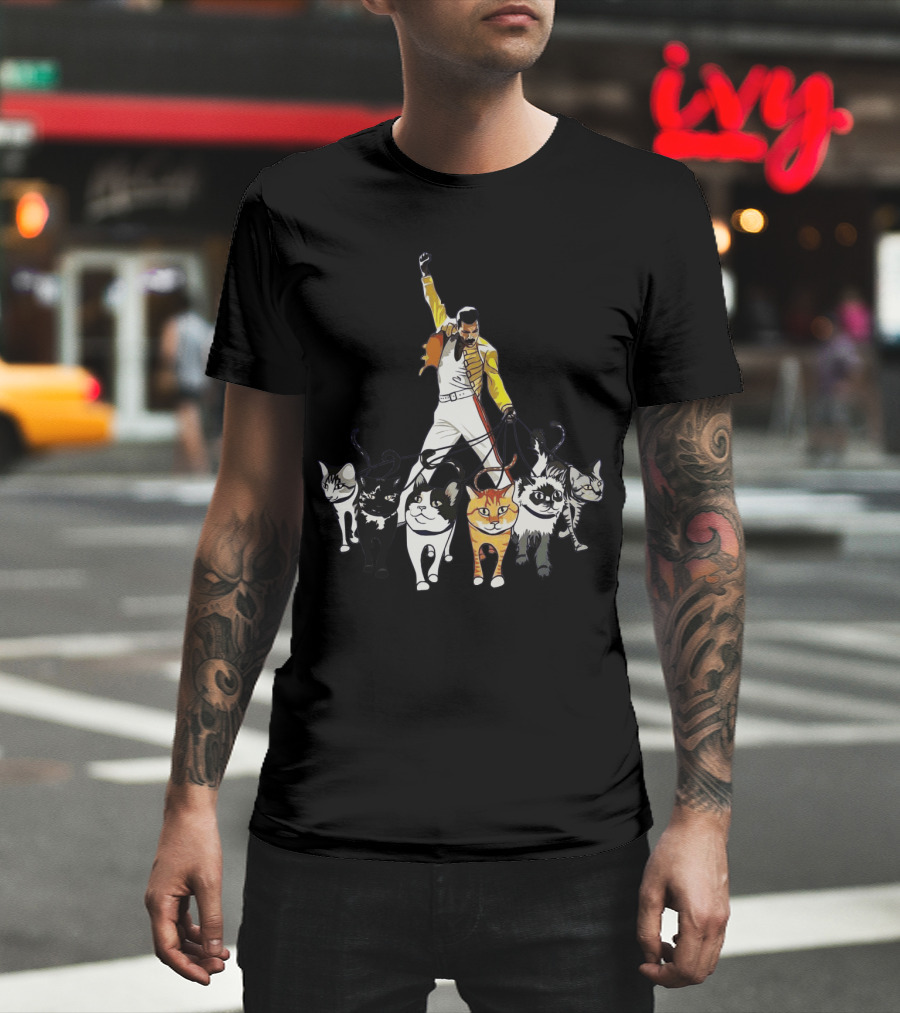 Freddie Cats Iconic Pose With Cats On Leashes T-Shirt