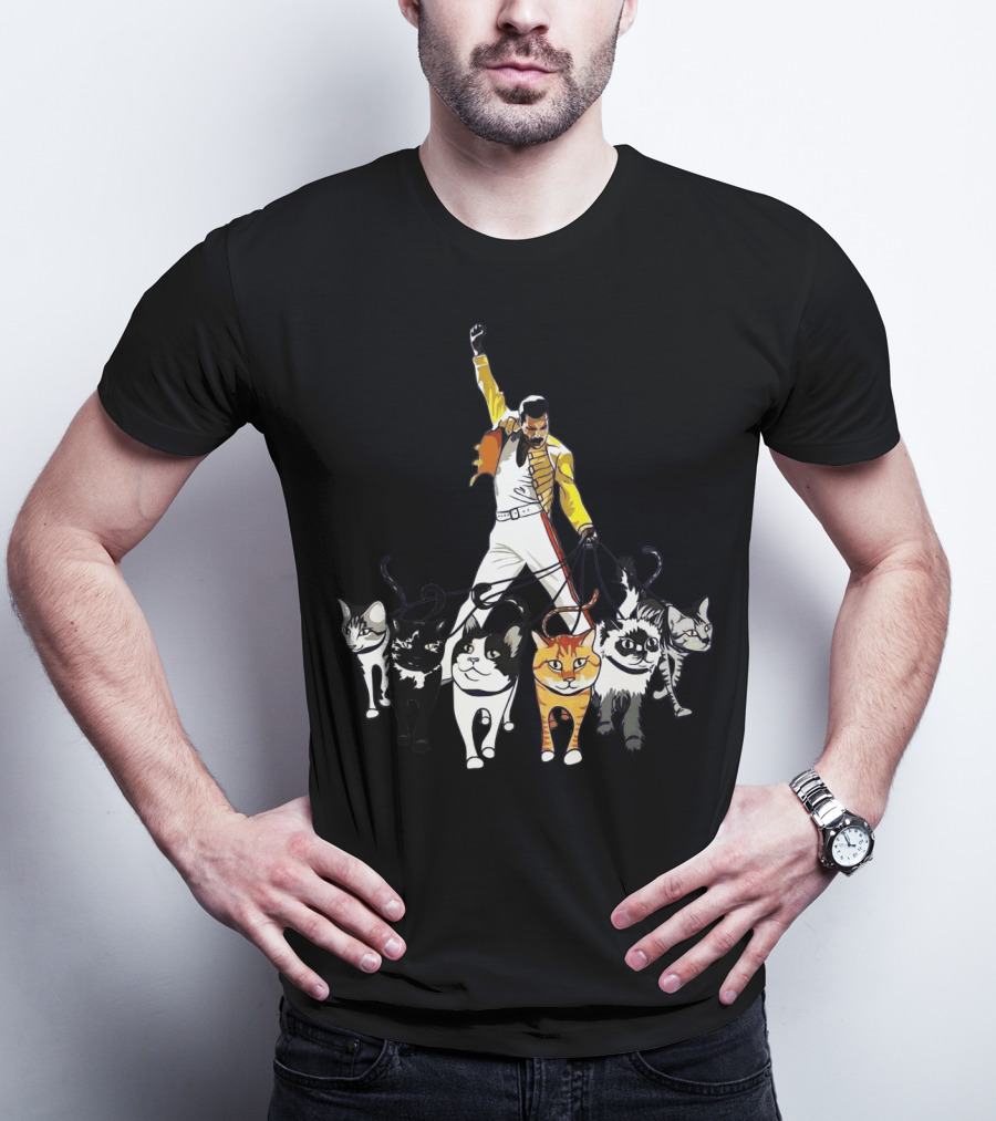 Freddie Cats Iconic Pose With Cats On Leashes T-Shirt