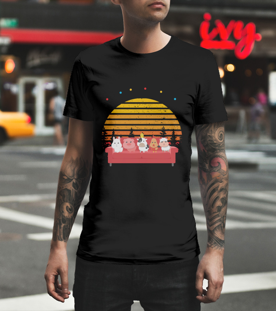 Friends Not Food Animal Characters On Red Couch With Sunset Background T-Shirt