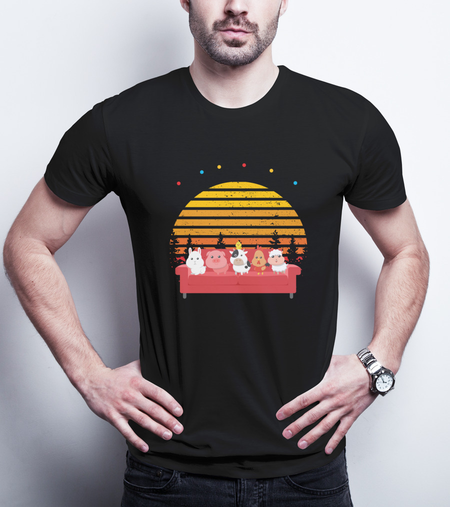 Friends Not Food Animal Characters On Red Couch With Sunset Background T-Shirt