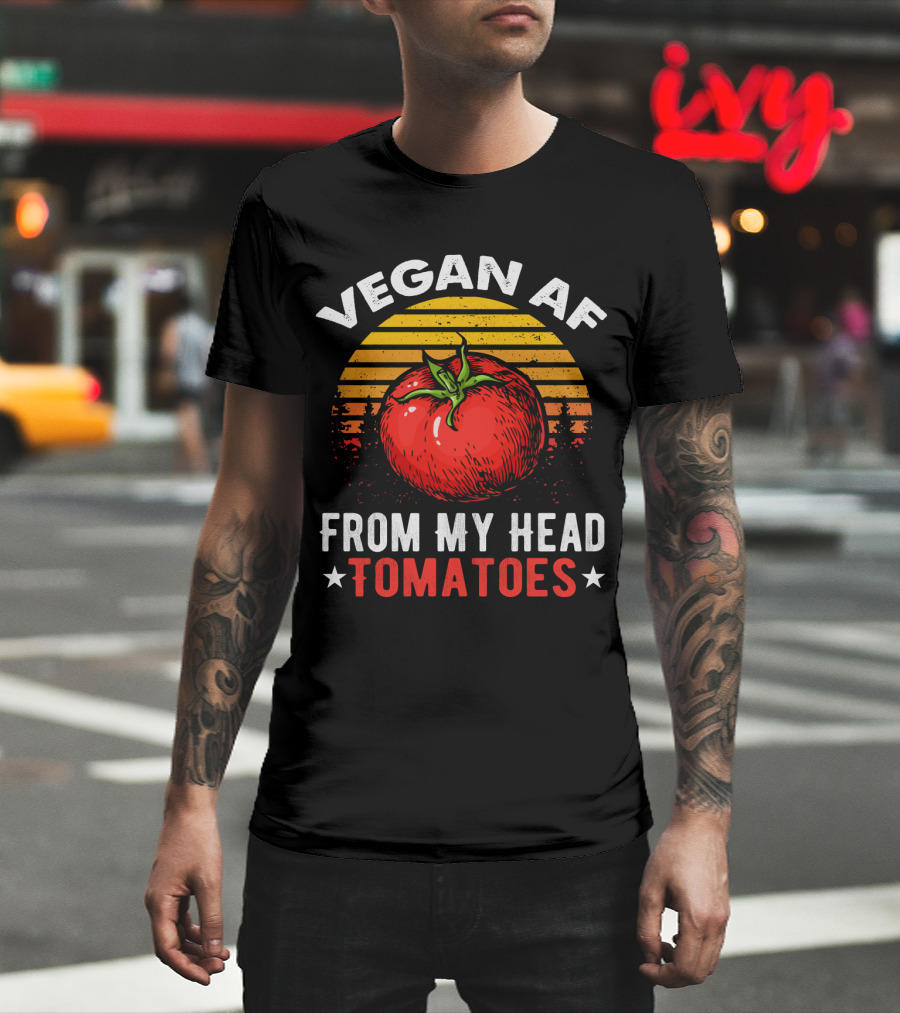 VEGAN AF FROM MY HEAD TOMATOES Retro Sunset Tomato Veggie Joke T-Shirt