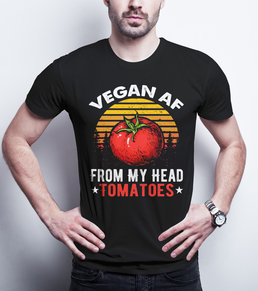VEGAN AF FROM MY HEAD TOMATOES Retro Sunset Tomato Veggie Joke T-Shirt
