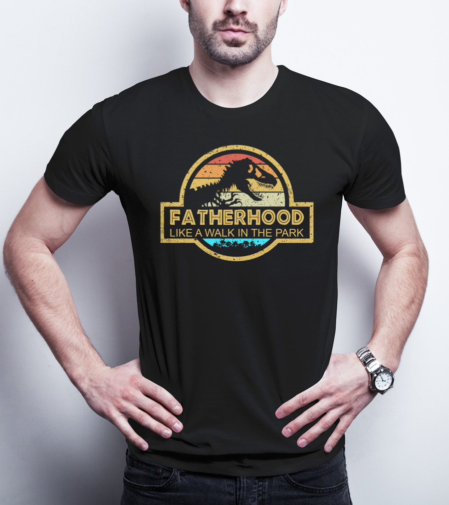 Fatherhood Like A Walk In The Park Dinosaur Retro Emblem T-Shirt
