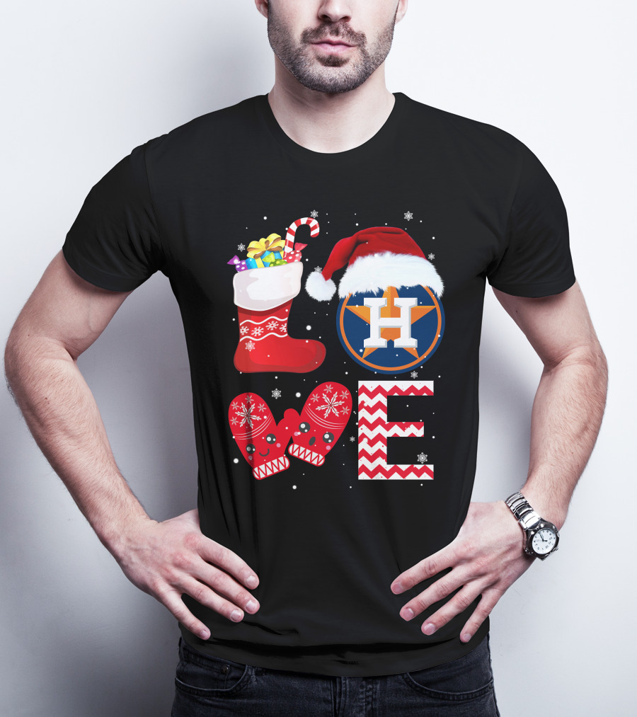 Christmas Love Houston Astros Snowflake Stocking Mittens Santa Hat T-Shirt