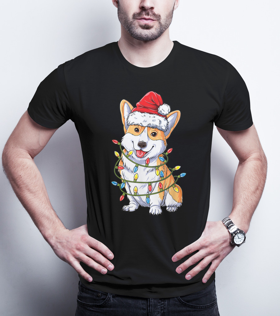 Corgi Dog Christmas Lights Ugly Sweater Santa Hat T-Shirt