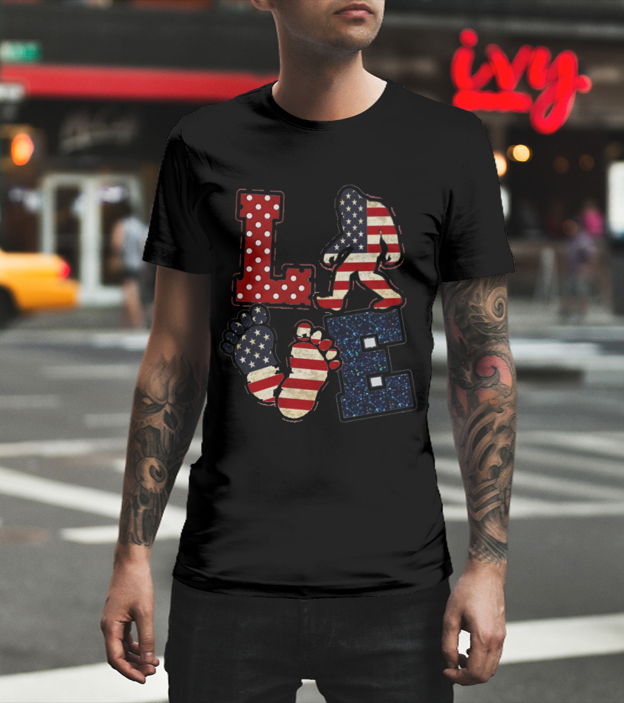Patriotic Bigfoot Love American Flag T-Shirt