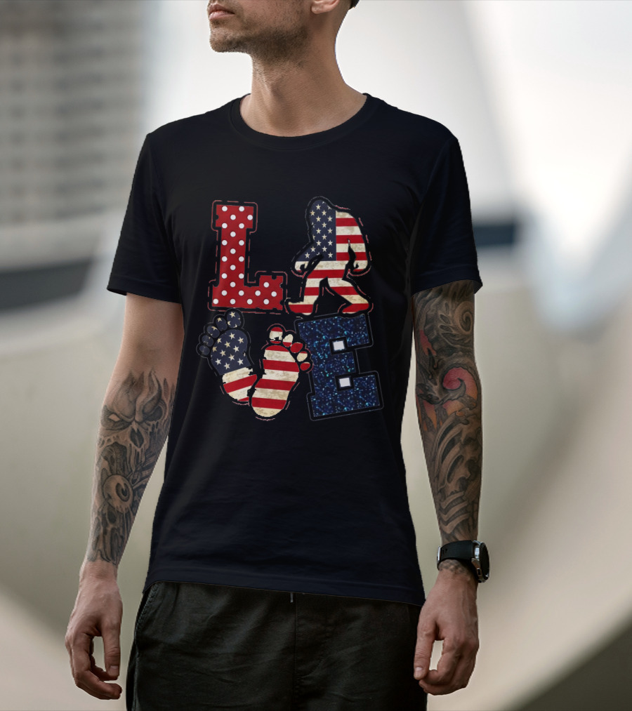 Patriotic Bigfoot Love American Flag T-Shirt