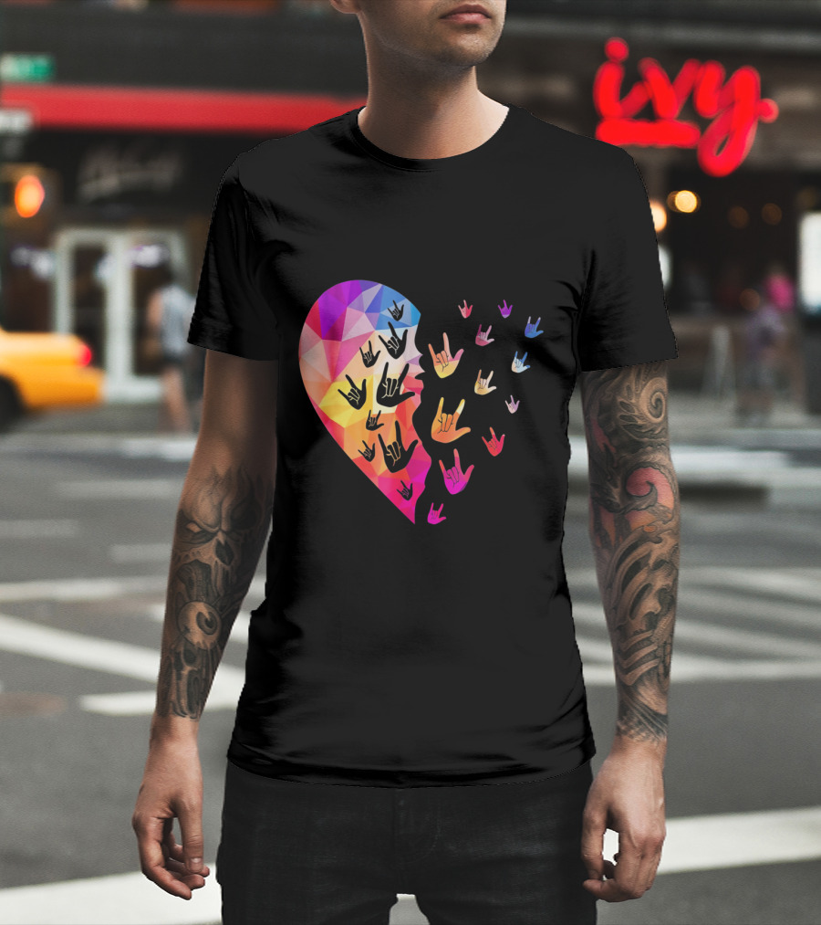 Broken Geometric Heart With Colorful Sign Language Hands T-Shirt