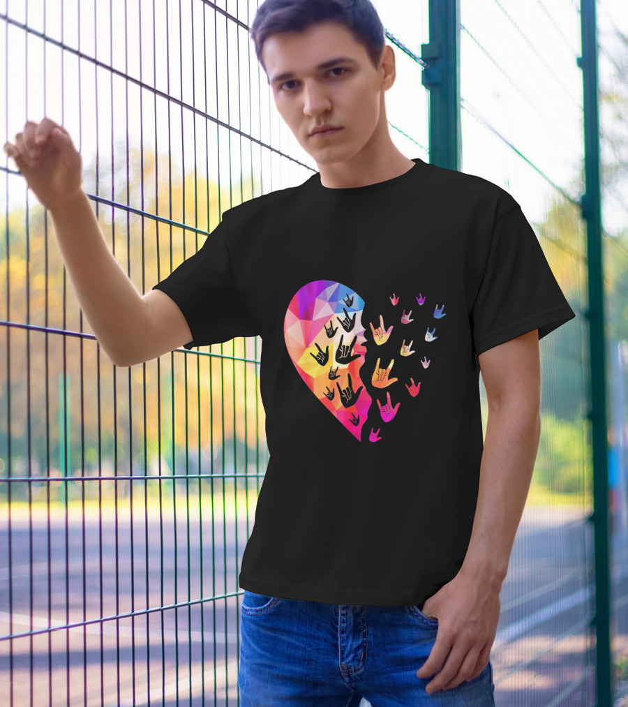 Broken Geometric Heart With Colorful Sign Language Hands T-Shirt