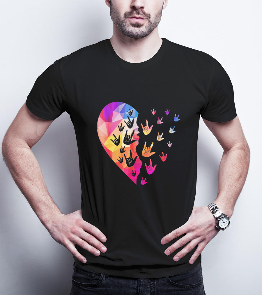 Broken Geometric Heart With Colorful Sign Language Hands T-Shirt