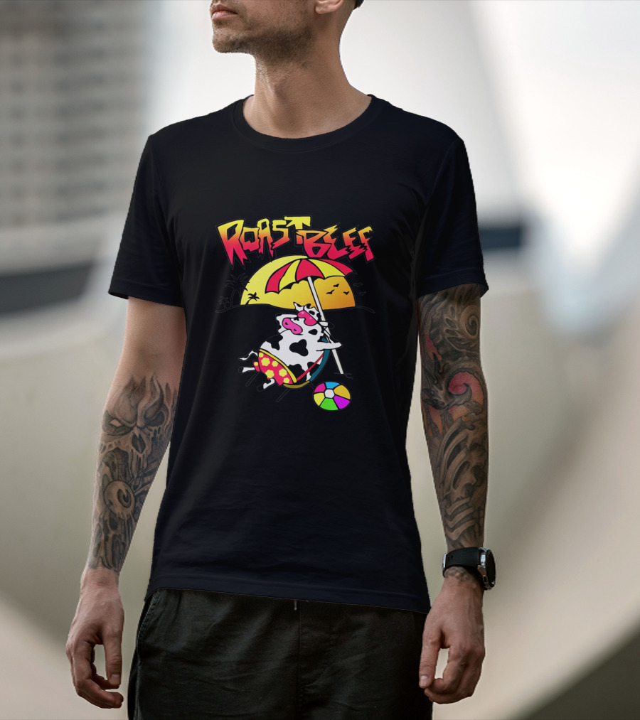Roast Beef Sunset Cow With Umbrella And Beach Ball Fun T-Shirt