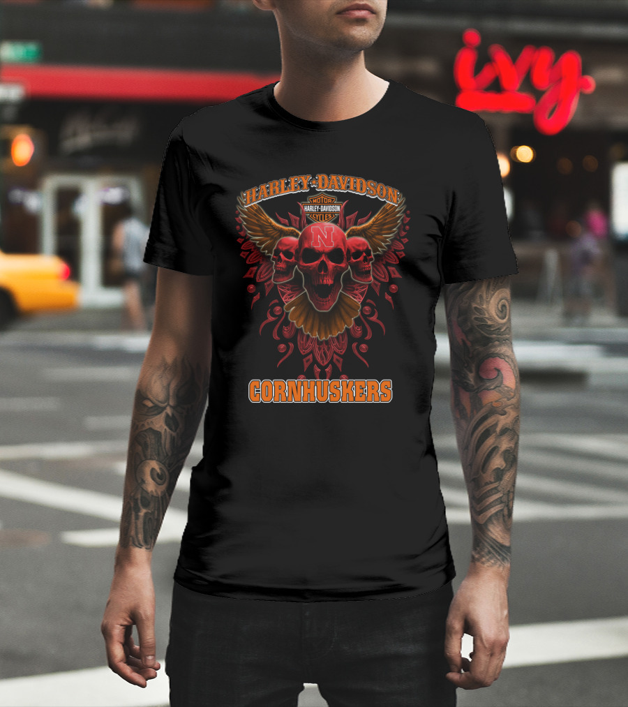 Harley Davidson Motor Cornhuskers Nebraska Skulls Ncaa T-Shirt