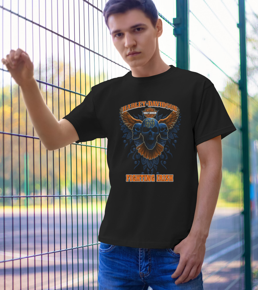 Harley Davidson Motorcycles Notre Dame Fighting Irish Skulls Wings T-Shirt