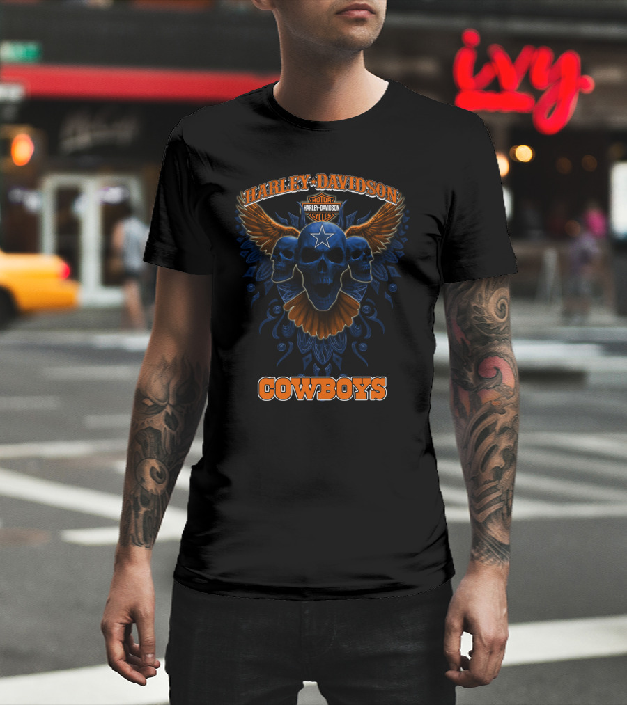 Harley Davidson Cowboys Motor Cycles Star Skull Wings T-Shirt