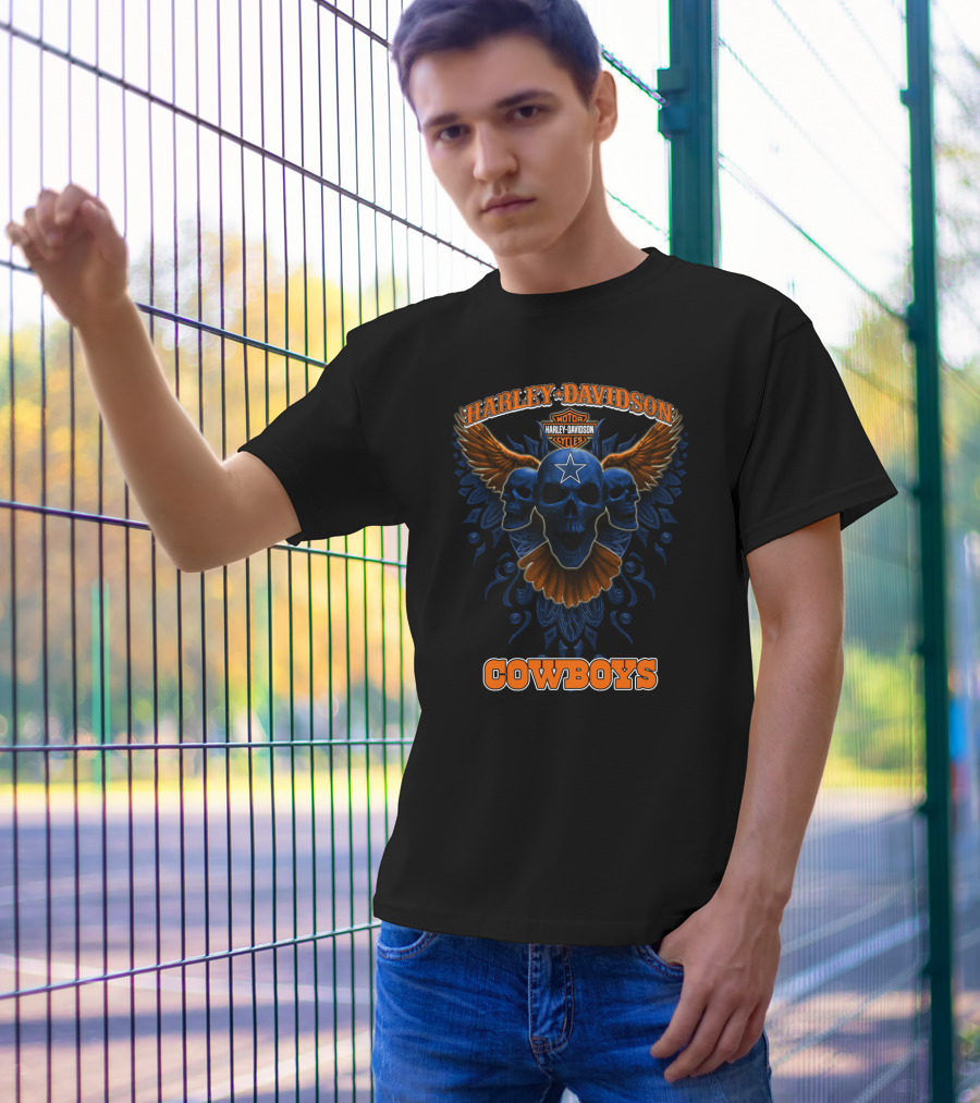 Harley Davidson Cowboys Motor Cycles Star Skull Wings T-Shirt