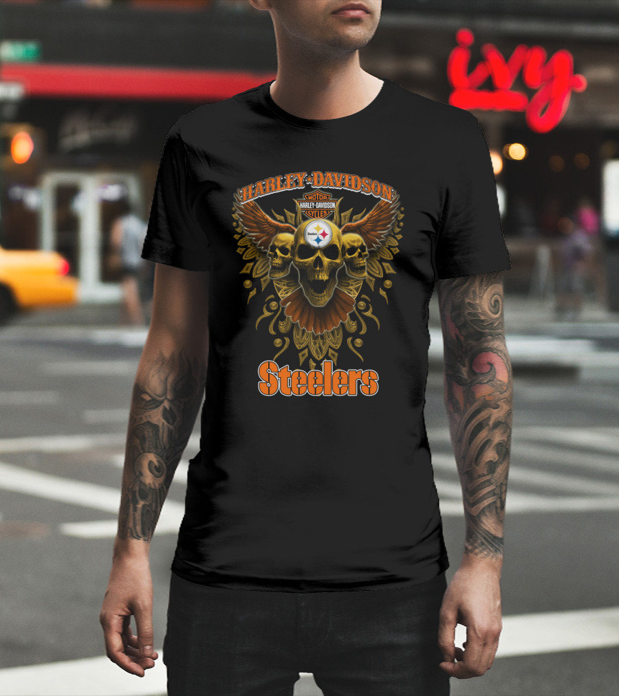 Harley Davidson Steelers Motor Cycles Skulls Wings T-Shirt