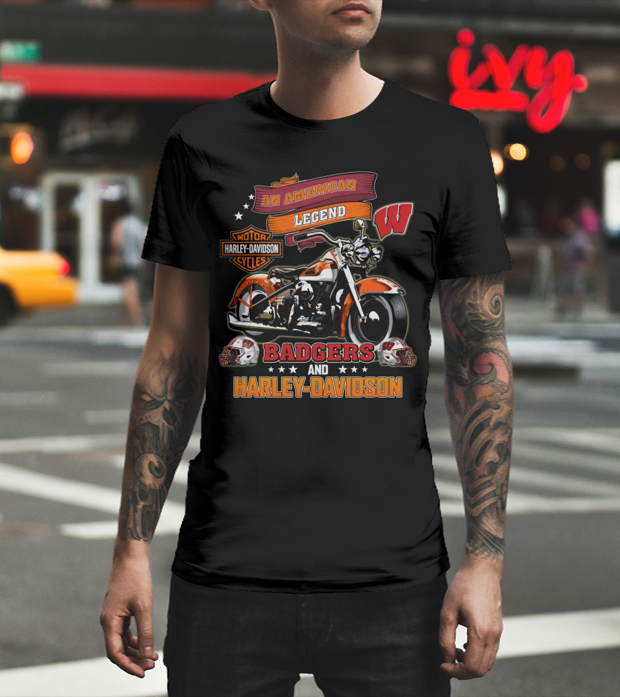 An American Legend Badgers Harley Davidson Motor Cycles W Logo Helmet T-Shirt