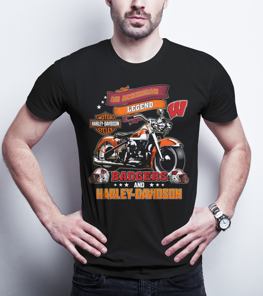 An American Legend Badgers Harley Davidson Motor Cycles W Logo Helmet T-Shirt
