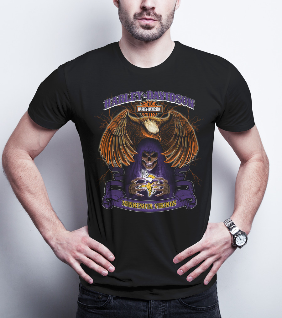 Harley Davidson Minnesota Vikings Nfl Skull And Eagle T-Shirt