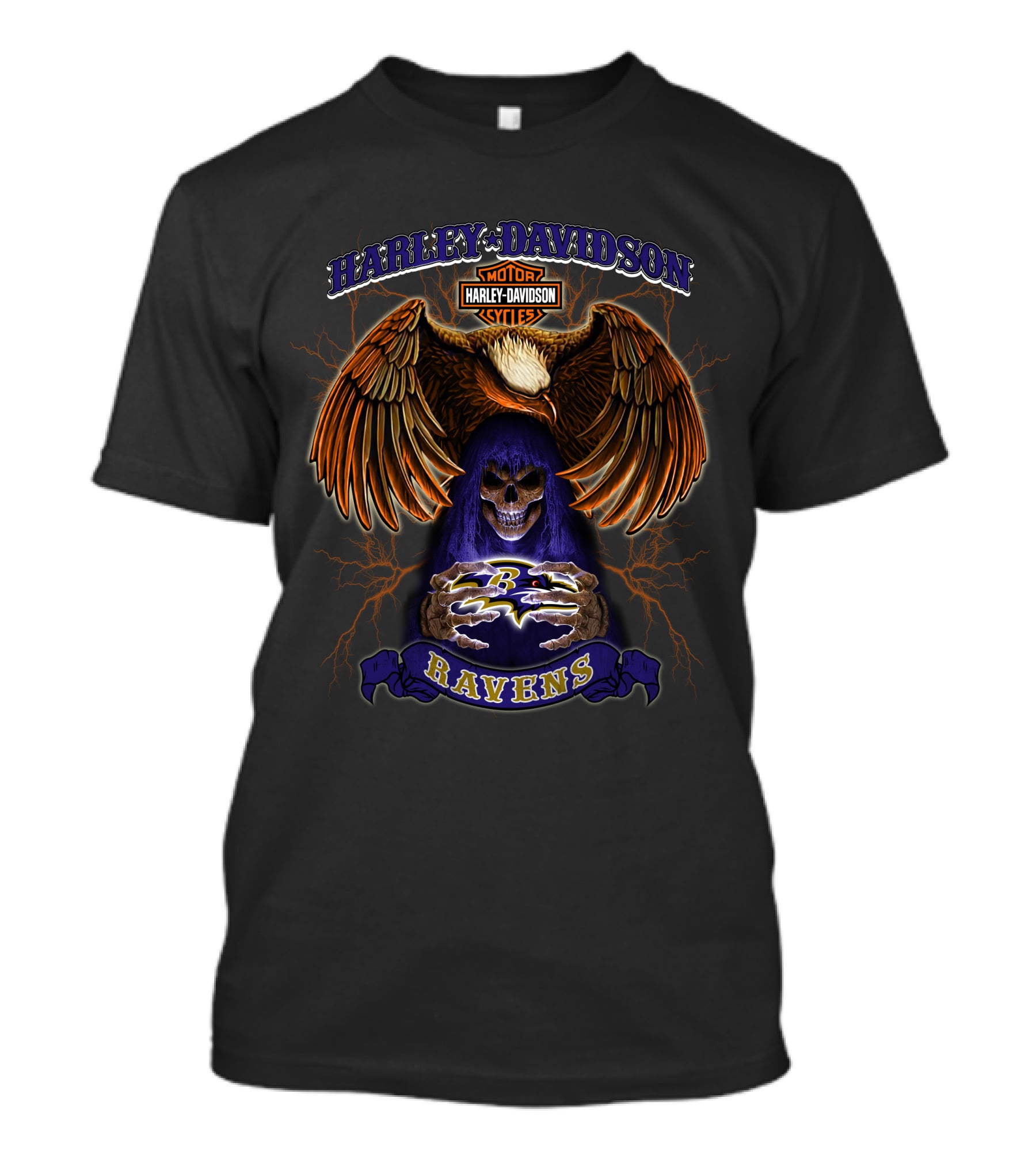 Harley Davidson Ravens Baltimore Nfl Lightning Skull Eagle Motif T-Shirt