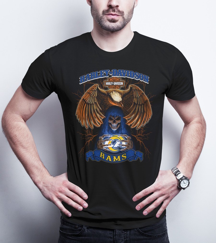 Harley Davidson Motorcycles Los Angeles Rams Nfl Eagle Skull T-Shirt