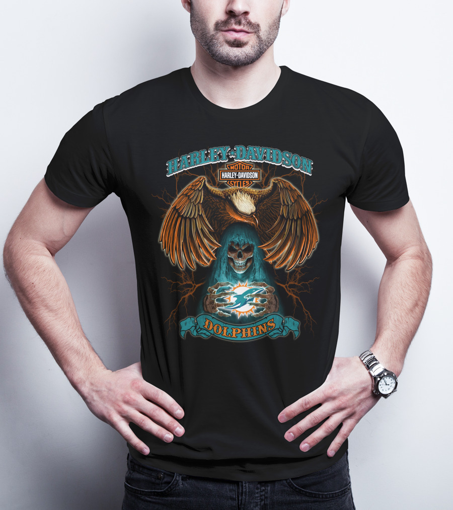 Harley Davidson Miami Dolphins Nfl Skull And Eagle Theme T-Shirt