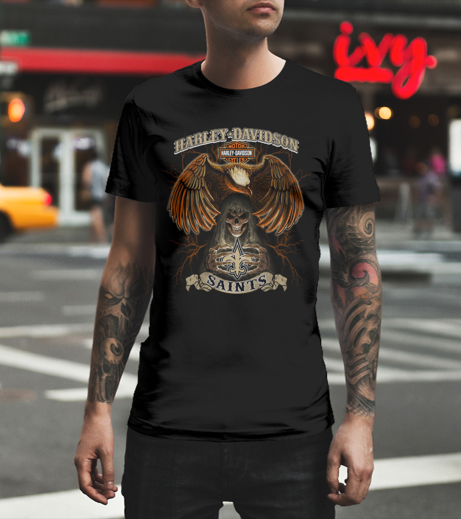 Harley Davidson Motorcycles Eagle Skull Saints Fleur-De-Lis T-Shirt