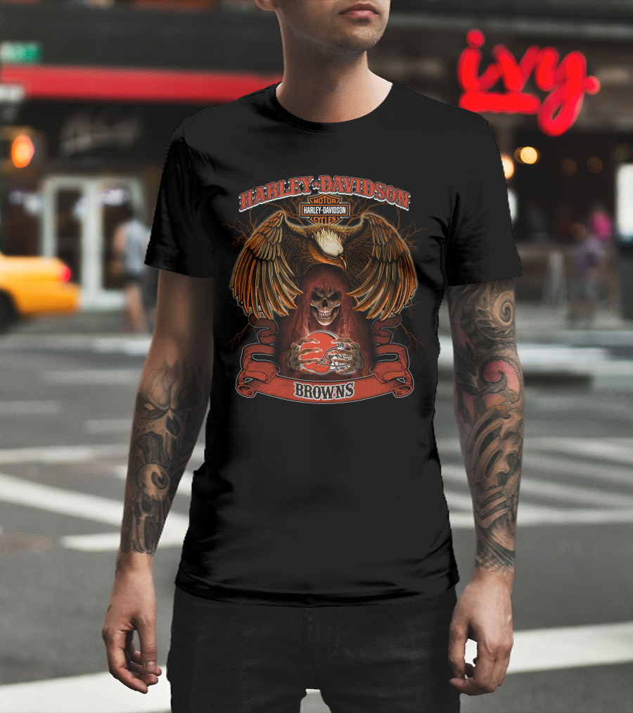 Harley Davidson Motor Cycles Eagle Skull Browns Football T-Shirt