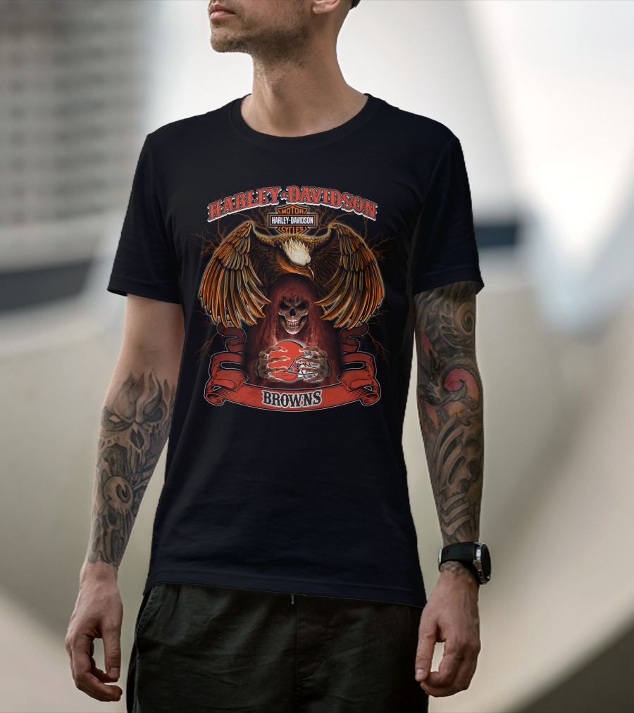 Harley Davidson Motor Cycles Eagle Skull Browns Football T-Shirt
