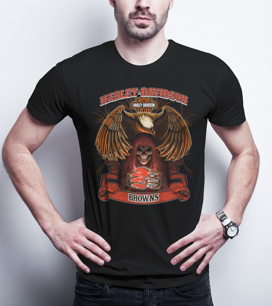 Harley Davidson Motor Cycles Eagle Skull Browns Football T-Shirt