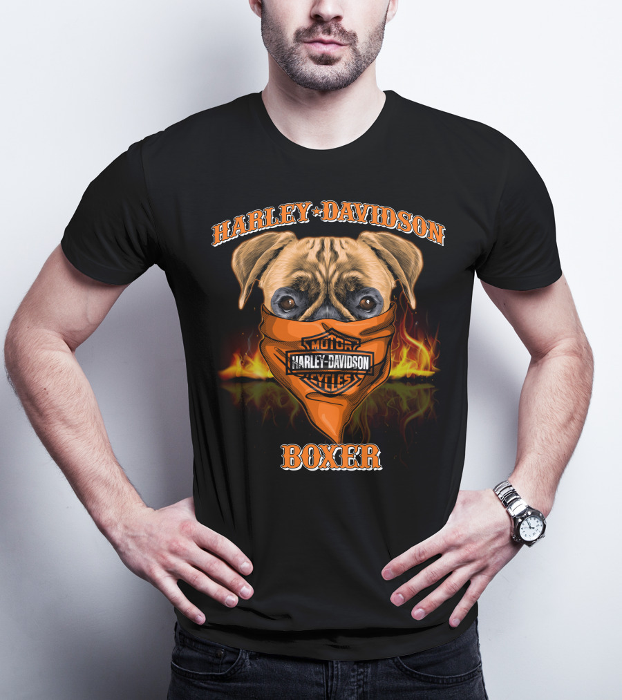 Harley Davidson Motorcycles Boxer Dog In Bandana With Flames T-Shirt