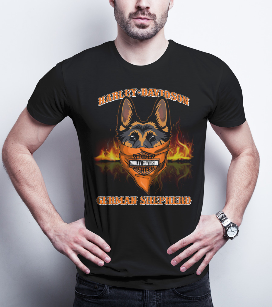 Harley Davidson Motor Cycles German Shepherd Flames T-Shirt