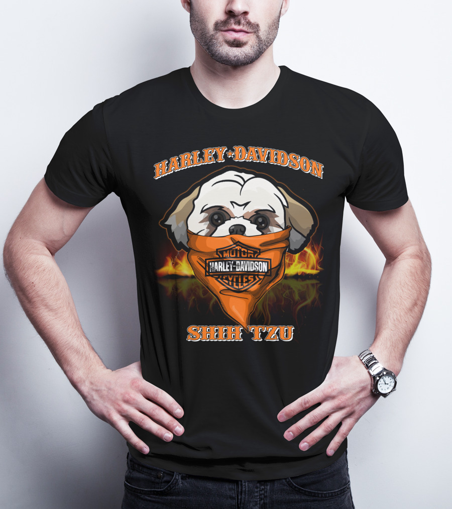 Harley Davidson Shih Tzu Motorcycle Bandana Flames T-Shirt