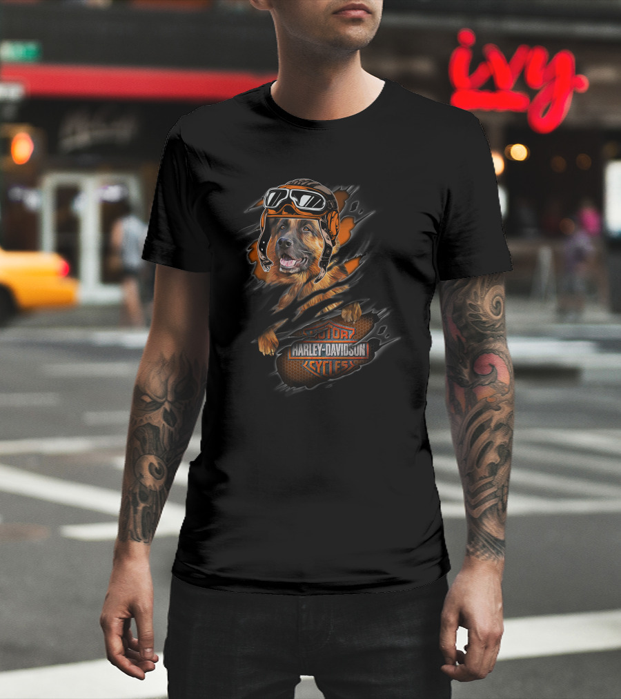 German Shepherd With Harley Davidson Motor Cycles Helmet T-Shirt