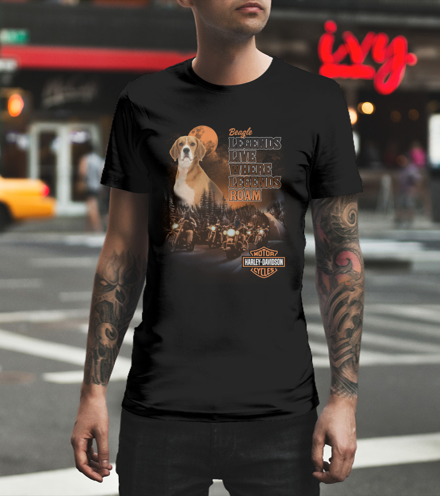 Beagle Legends Live Where Legends Roam Harley Davidson Cycles Moonlit Night T-Shirt