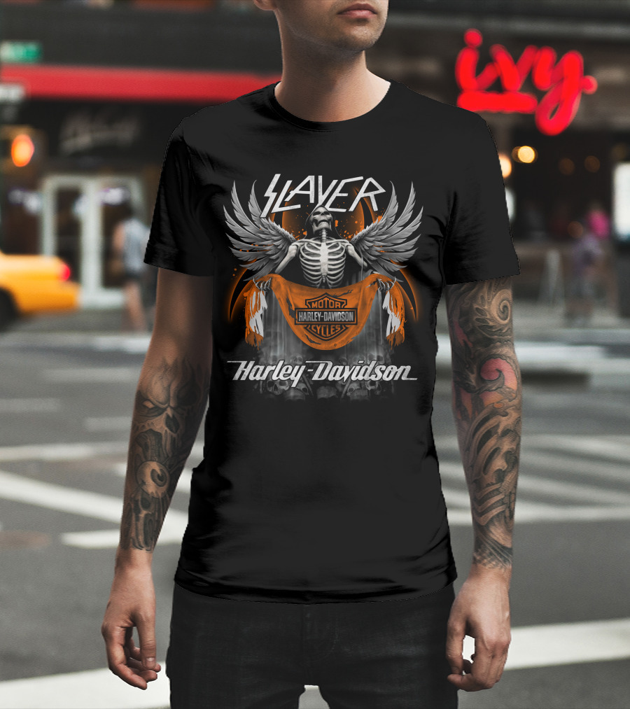 Slayer Harley Davidson Motorcycles Skeleton With Angel Wings T-Shirt