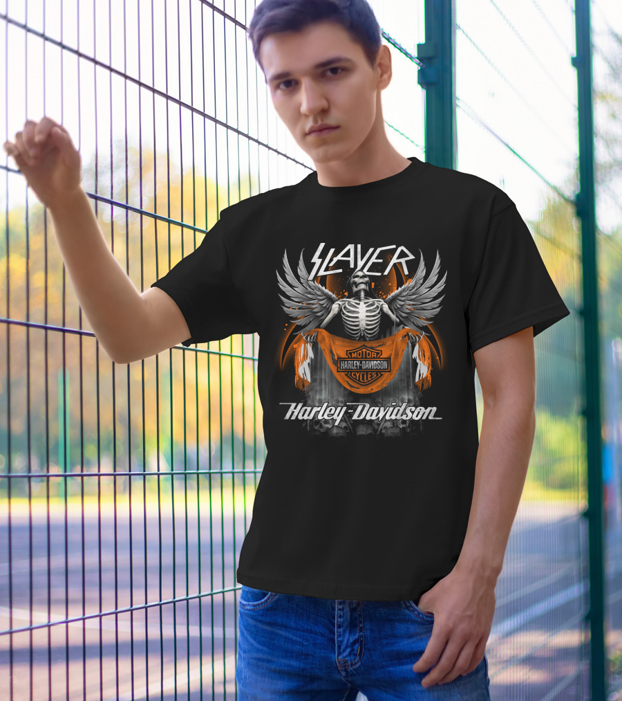 Slayer Harley Davidson Motorcycles Skeleton With Angel Wings T-Shirt