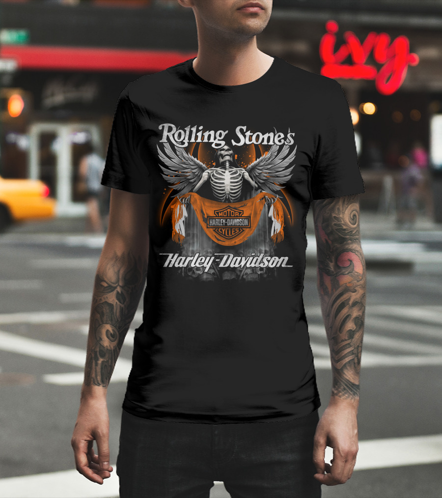 Rolling Stones Harley Davidson Skeleton With Wings T-Shirt