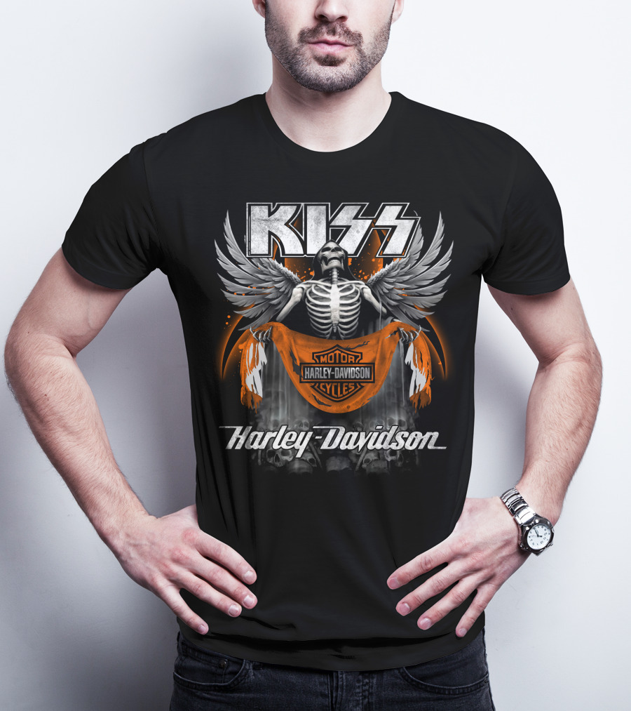 Kiss Harley Davidson Skeleton Wings Motorcycle Banner T-Shirt