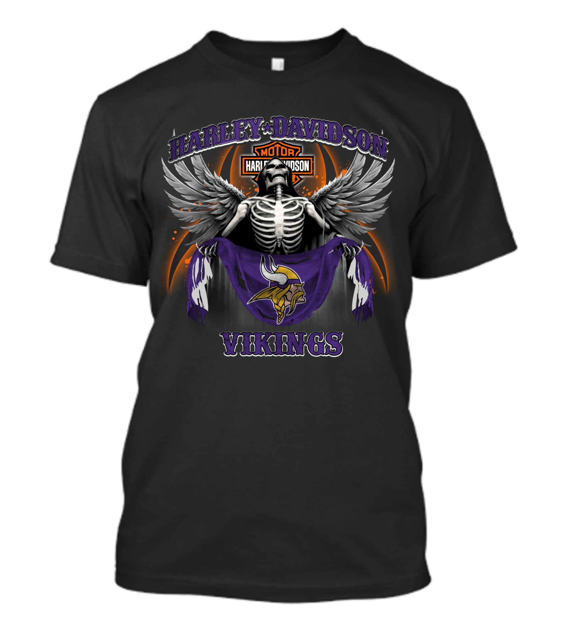 Harley Davidson Minnesota Vikings Skeleton Wings Motorcycle And Nfl Fan T-Shirt