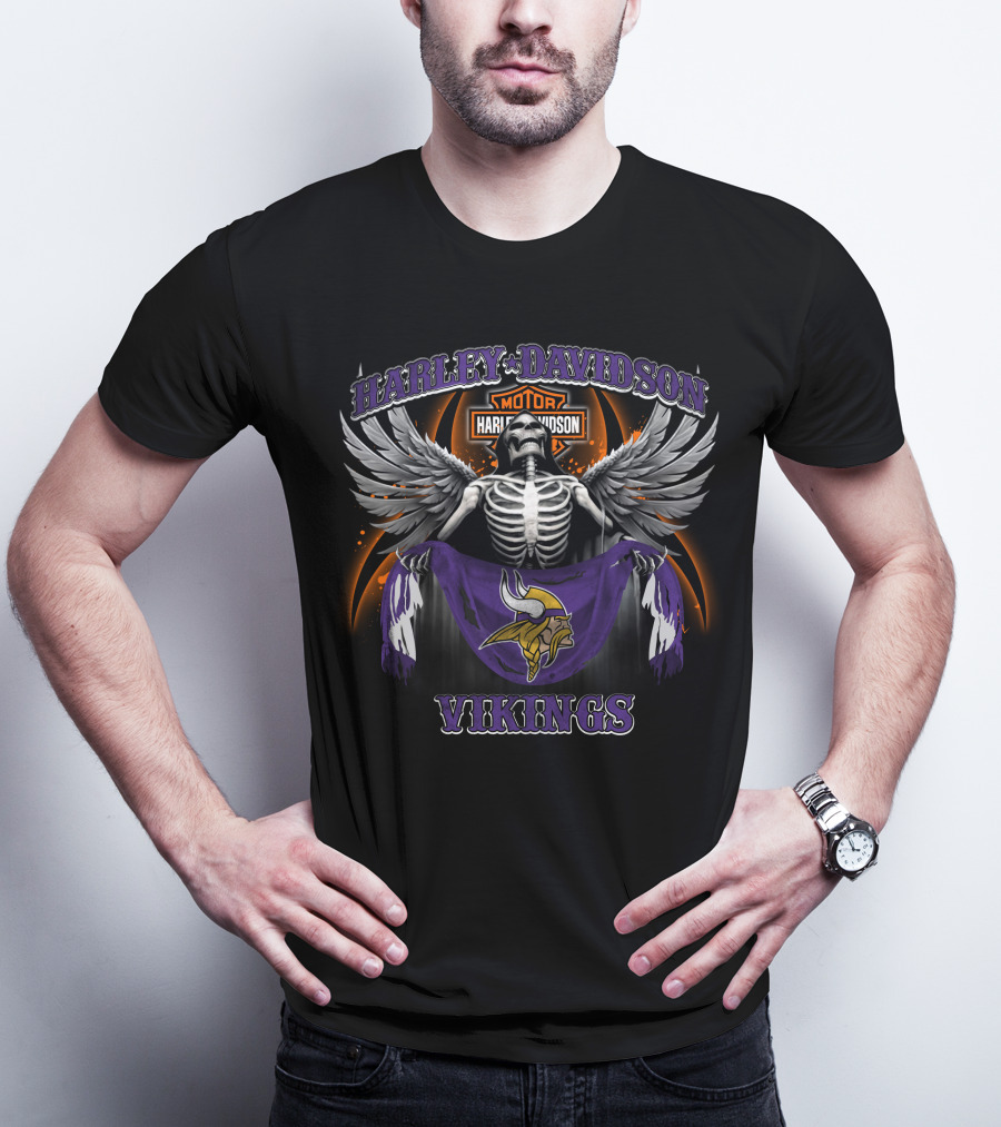 Harley Davidson Minnesota Vikings Skeleton Wings Motorcycle And Nfl Fan T-Shirt