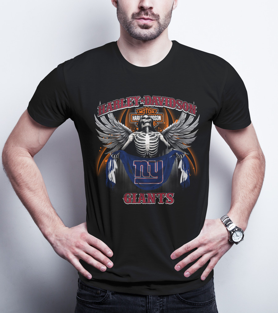 Harley Davidson Motor New York Giants Skeleton Wings T-Shirt