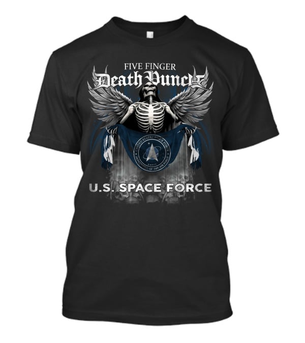 Five Finger Death Punch Skull Holding United States Space Force Flag With Wings And U.S. Space Force Text T-Shirt