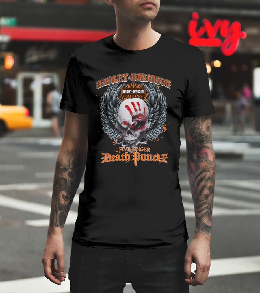 Harley Davidson Motorcycles Five Finger Death Punch Skull Wings T-Shirt