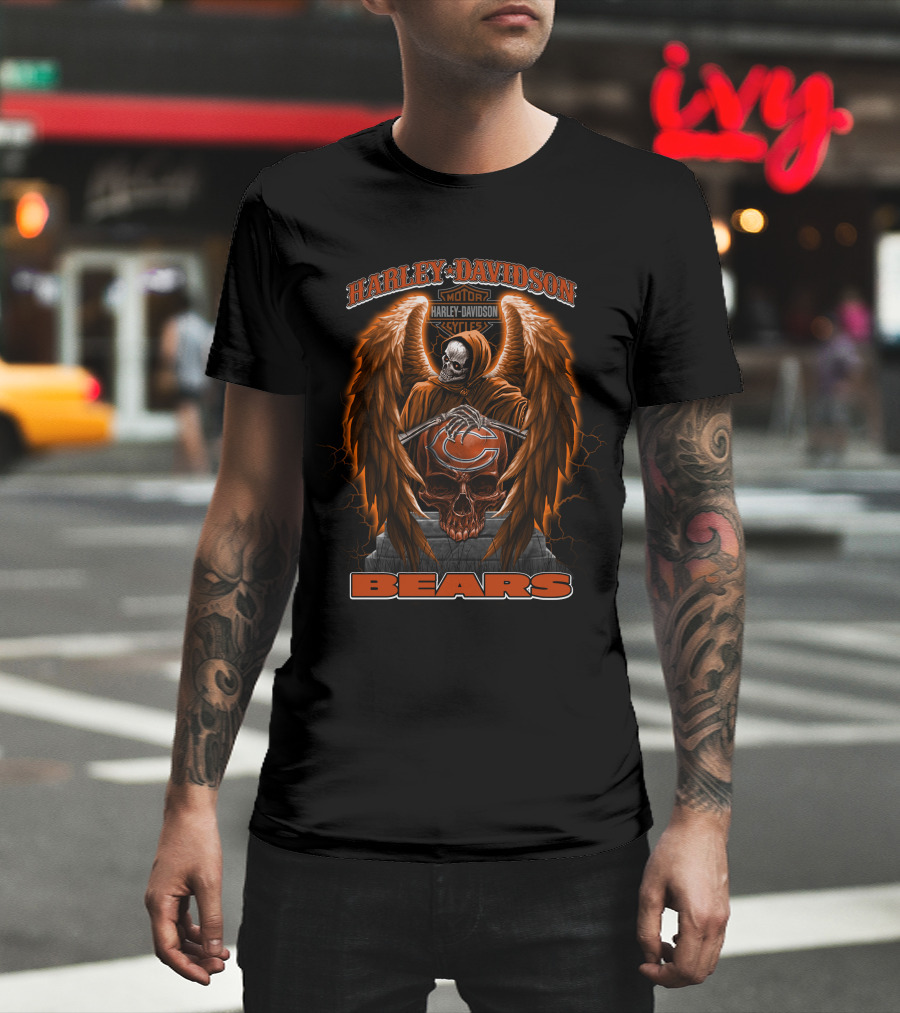 Harley Davidson Motorcycles Chicago Bears Skull Wings T-Shirt