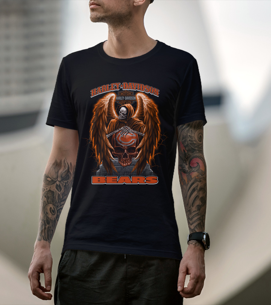 Harley Davidson Motorcycles Chicago Bears Skull Wings T-Shirt
