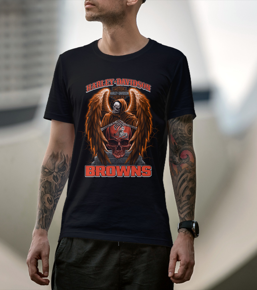 Harley Davidson Motorcycles Cleveland Browns Skull Angel Wings Nfl T-Shirt